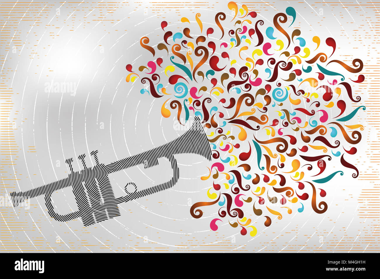 Retro illustration of jazz trumpet in stamp design with colorful swirls ...
