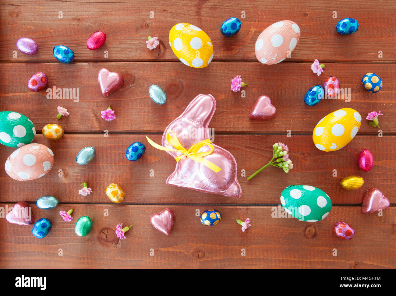 Colorful easter eggs and chocolate bunny for a happy easter Stock Photo ...