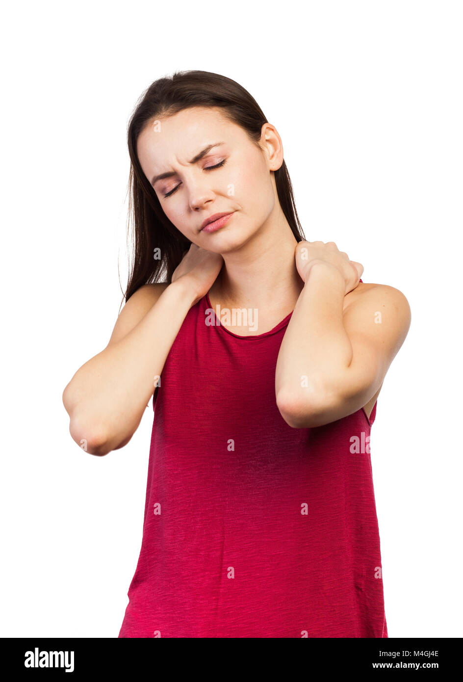 Portrait of a woman looking tired and stressed, isolated on white Stock ...