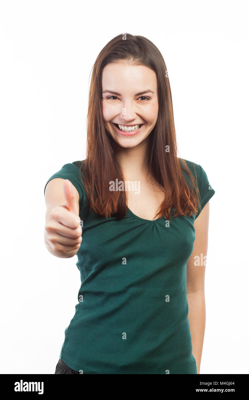 Young beautiful woman showing ok sign, isolated on white Stock Photo ...