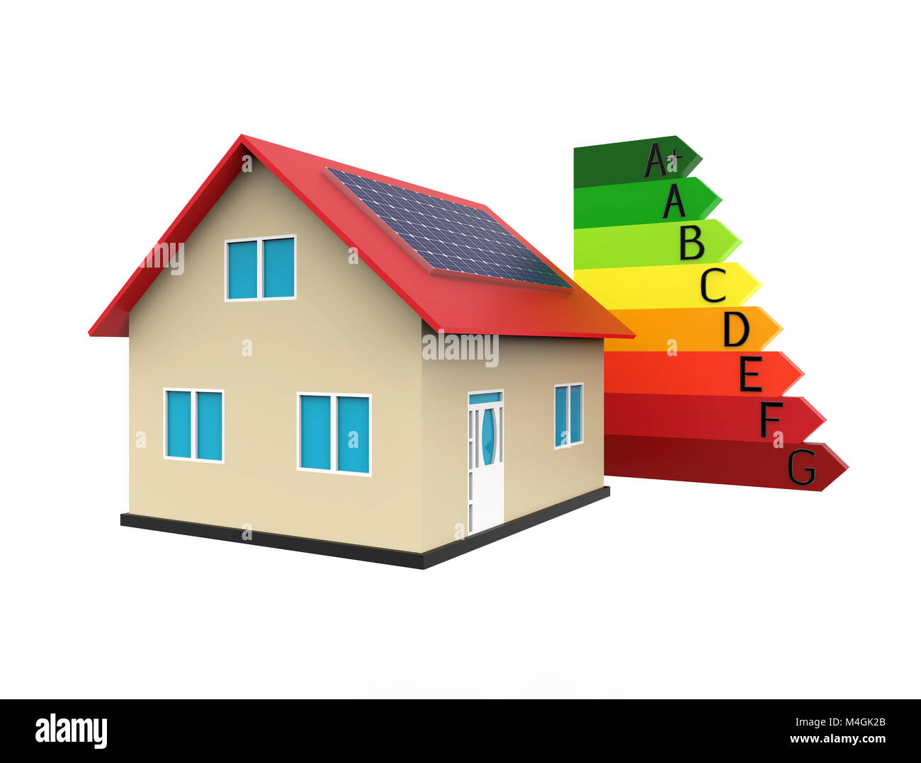 Energy efficient house with solar panel, 3d rendering, on white ...