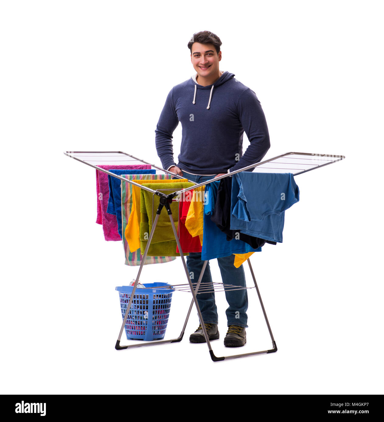 Husband man doing laundry isolated on white Stock Photo - Alamy