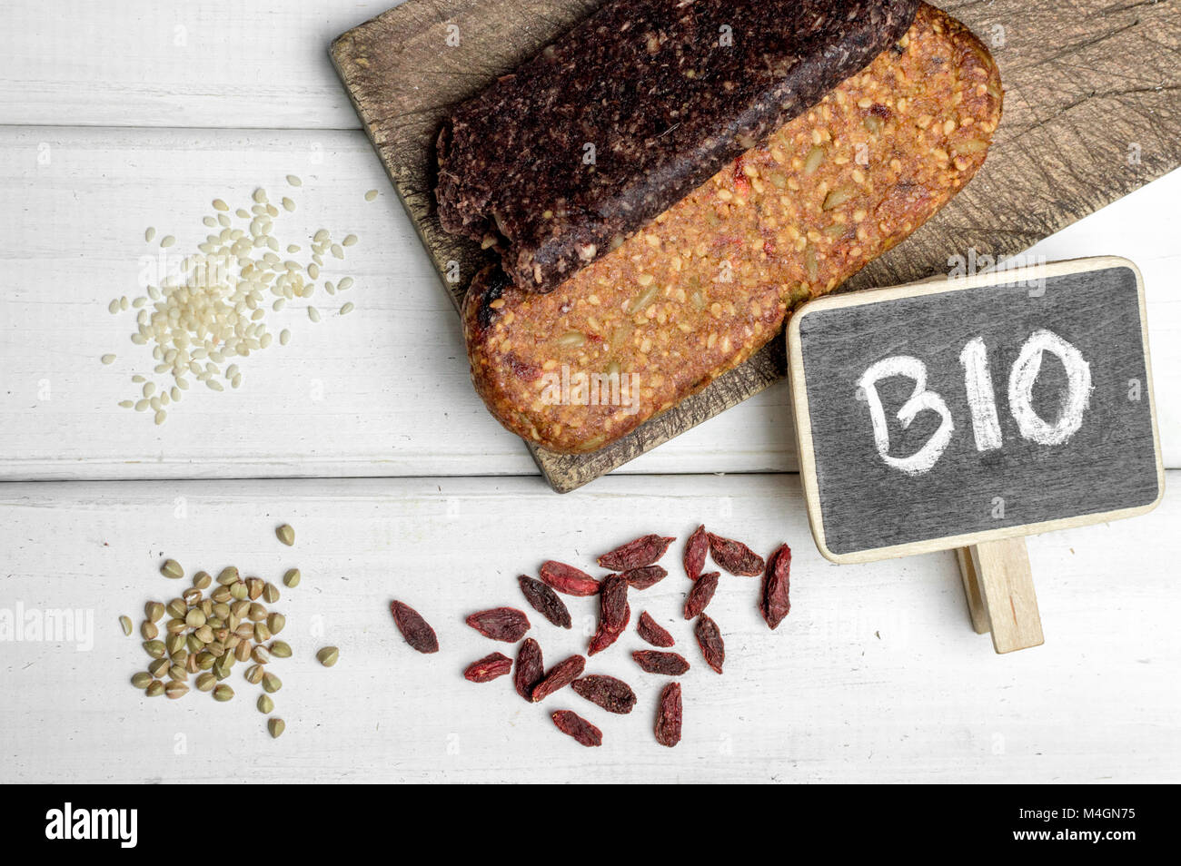 Bio gluten free protein bar with ingredients and copyspace sign on ...