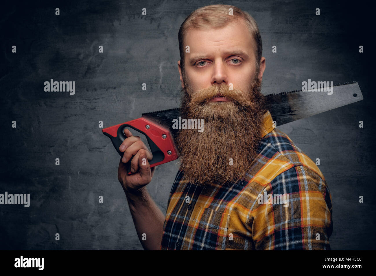 A bearded carpenter man dressed in a plaid shirt holds handsaw on a ...