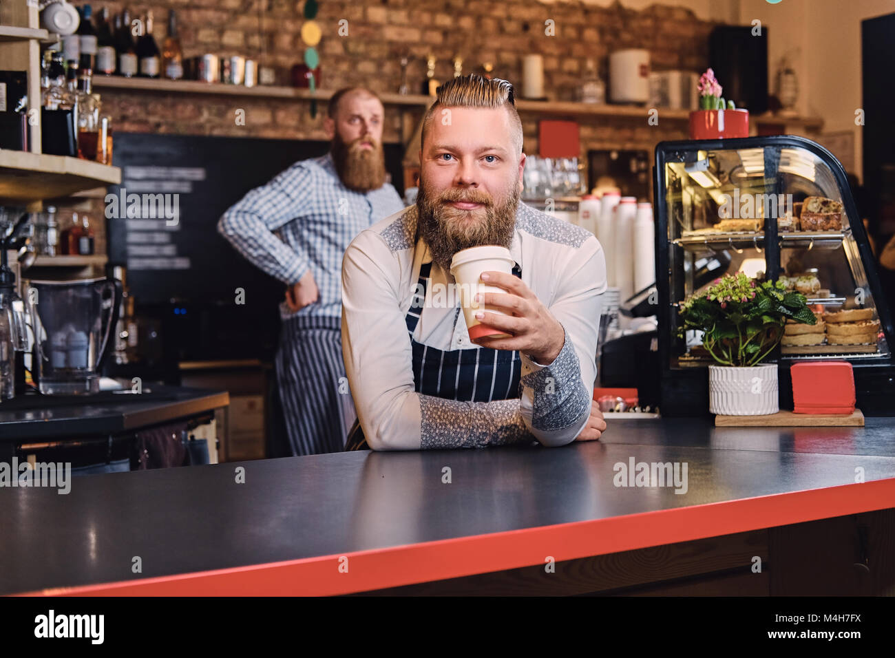 Portrait of redhead bearded barista male at bar stand in a coffee shop ...