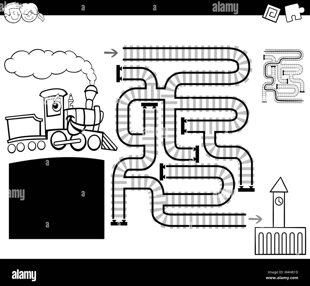 maze with locomotive coloring page Stock Photo - Alamy