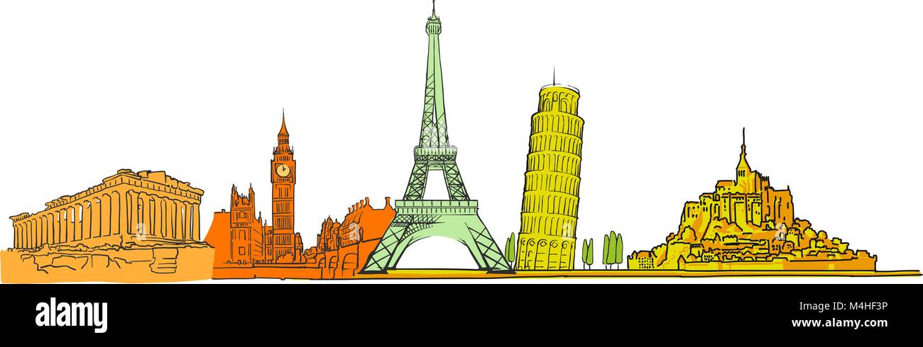 Famous colored landmarks set. Hand-drawn sketches in beautiful outlines ...