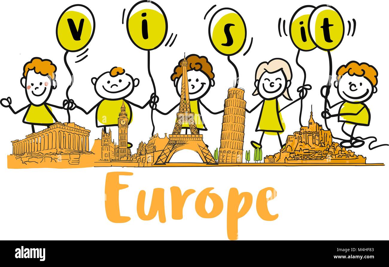 Visit Europe Banner with famous landmarks. Hand-drawn sketches in ...