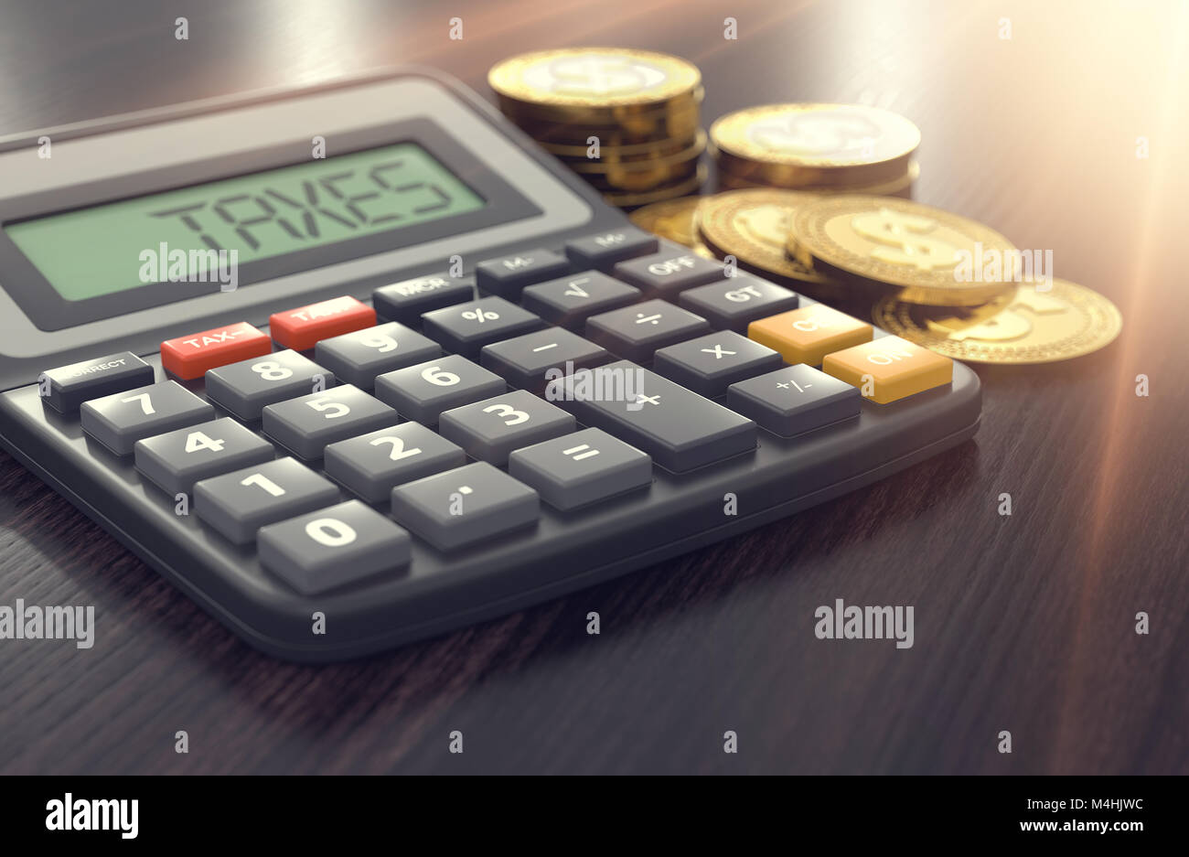 Calculator with the word TAXES on the display and golden coins and sun ...