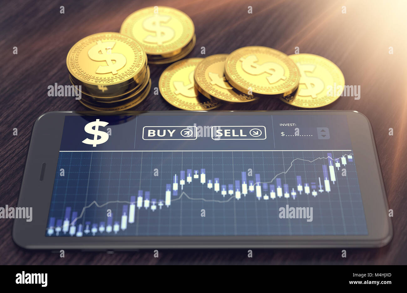 Smart phone with Dollar trading chart on-screen and piles or stack of ...