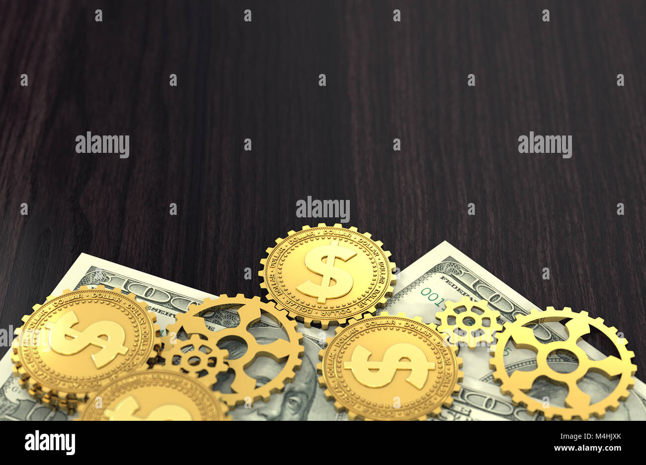 Dollar coins in the guise of cog as a part of bigger machine laying on ...
