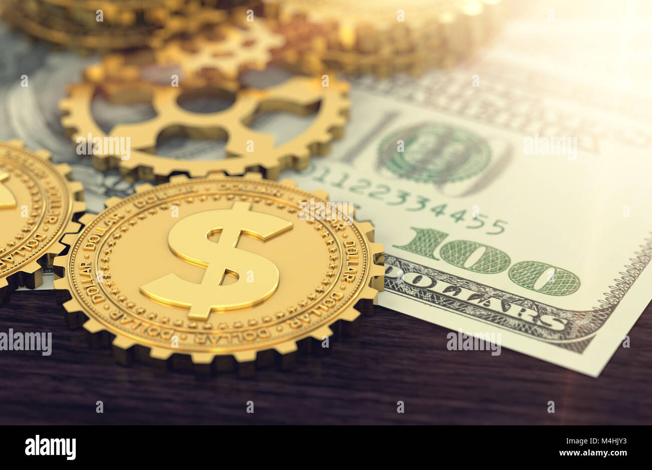 Dollar coins in the guise of cog as a part of bigger machine, laying on ...