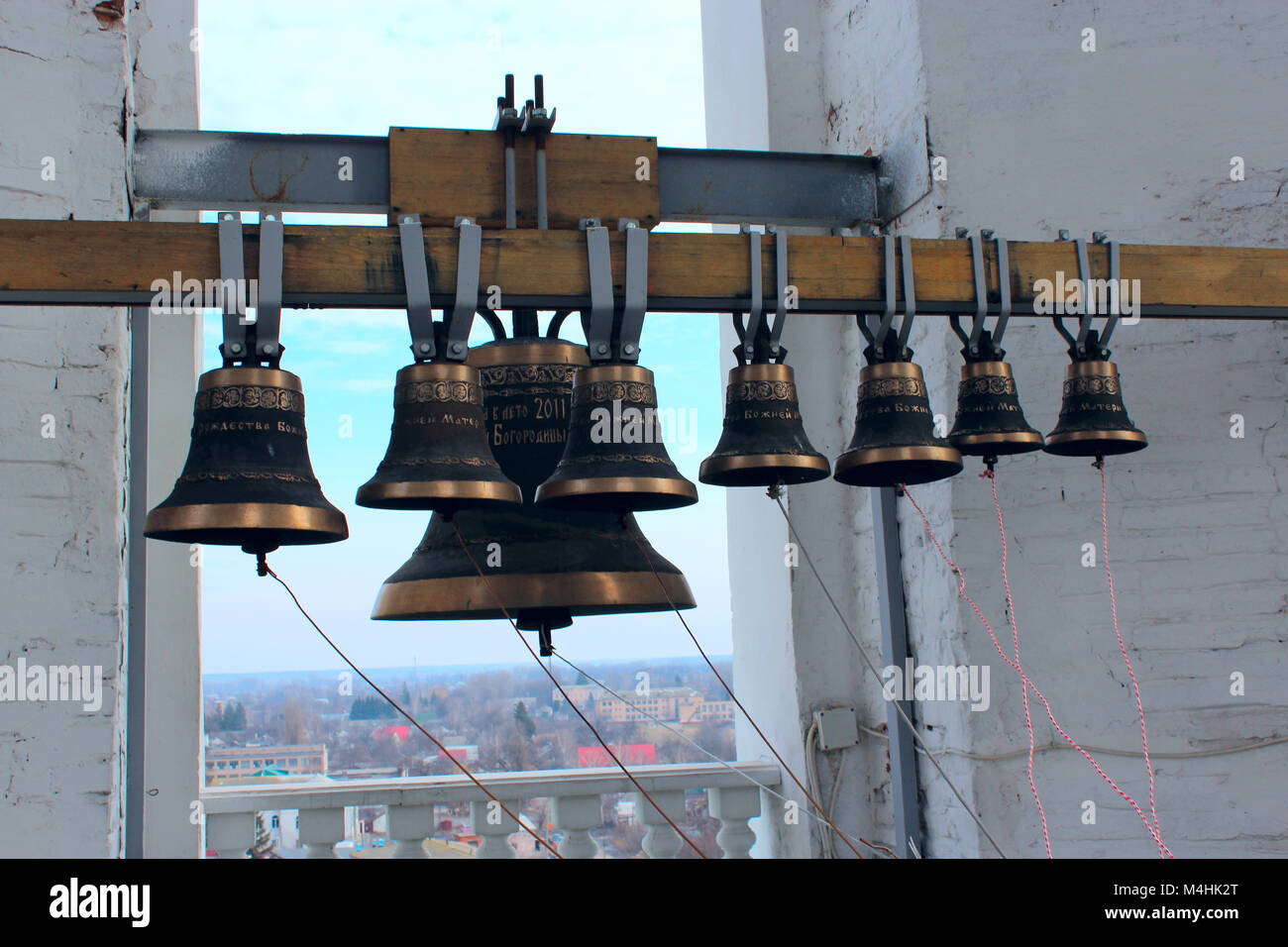 Different bells in church belltower in Kozelets town Stock Photo - Alamy
