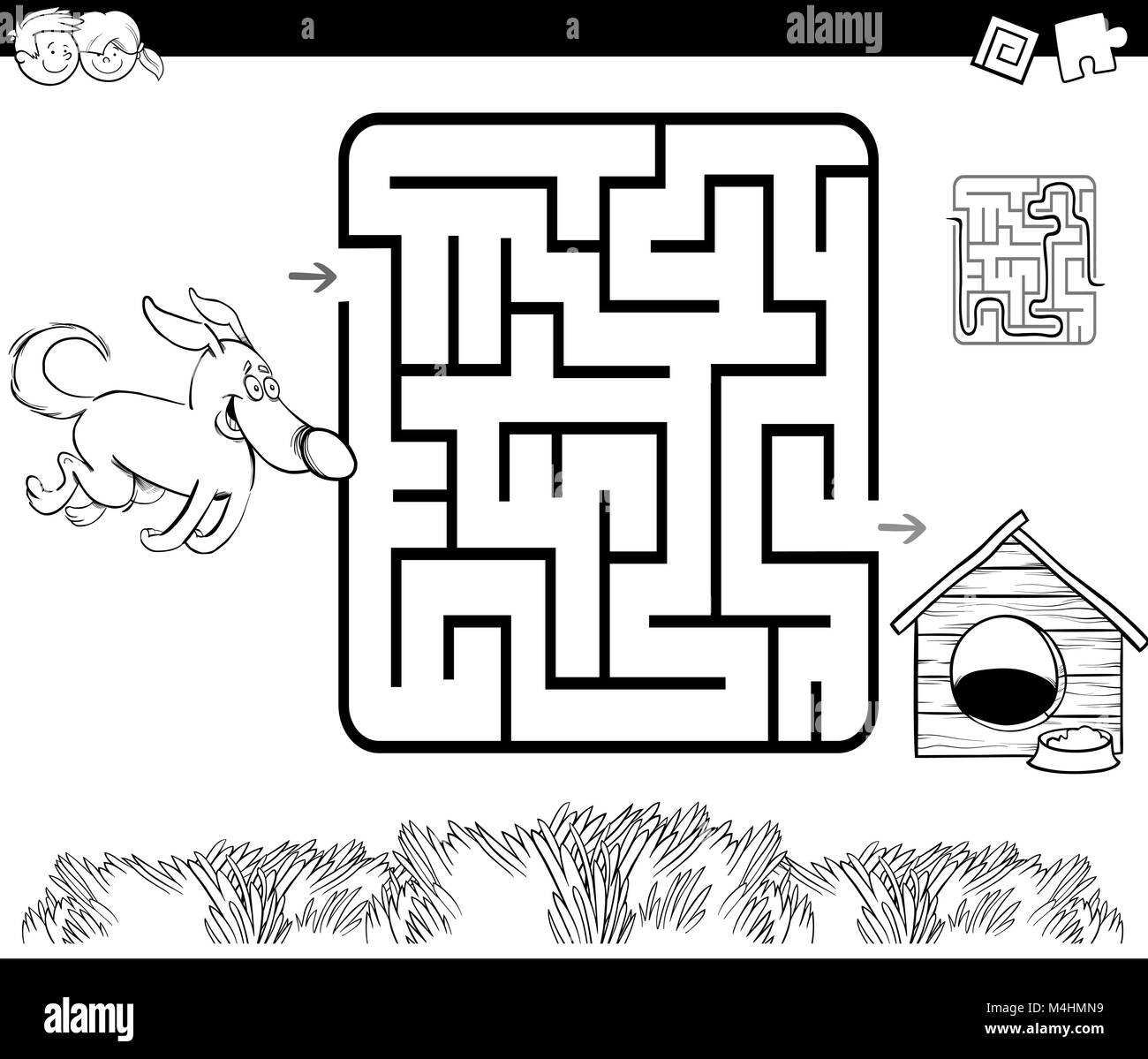 maze with dog and kennel coloring page Stock Photo - Alamy