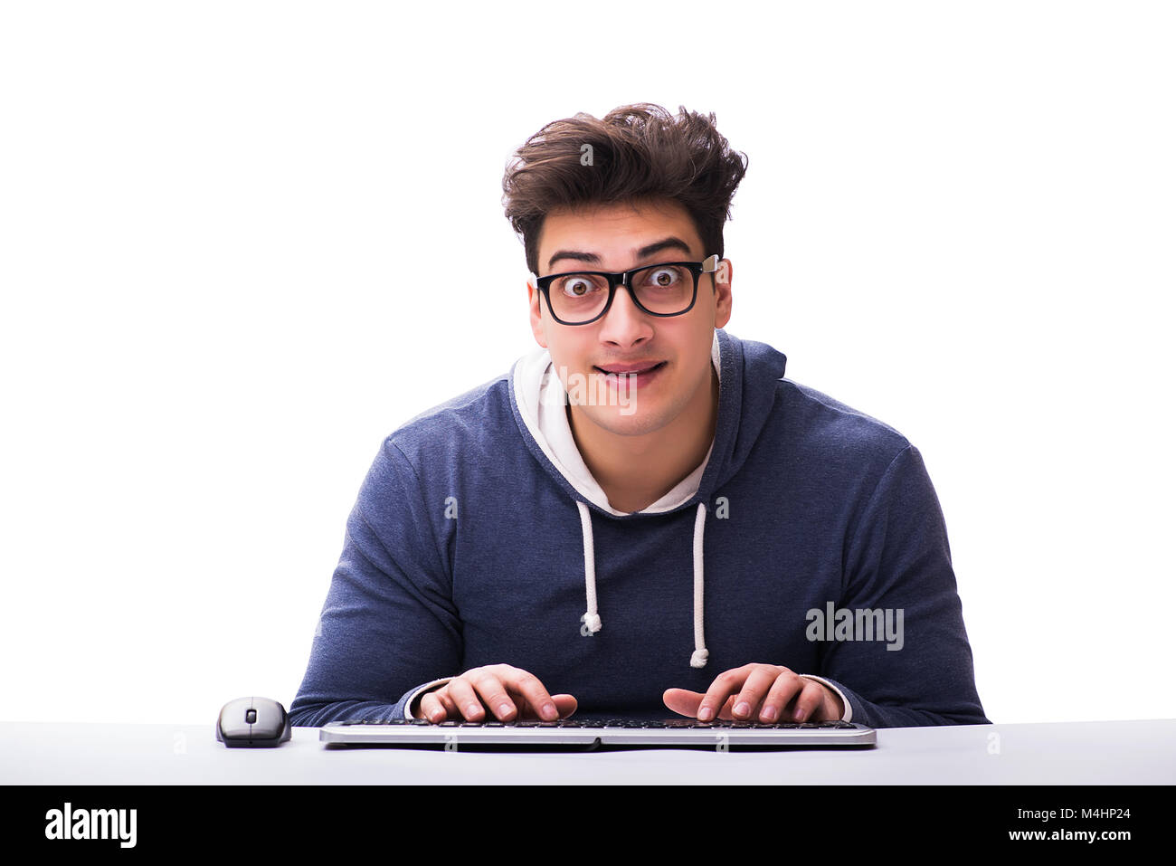 Funny nerd man working on computer isolated on white Stock Photo - Alamy