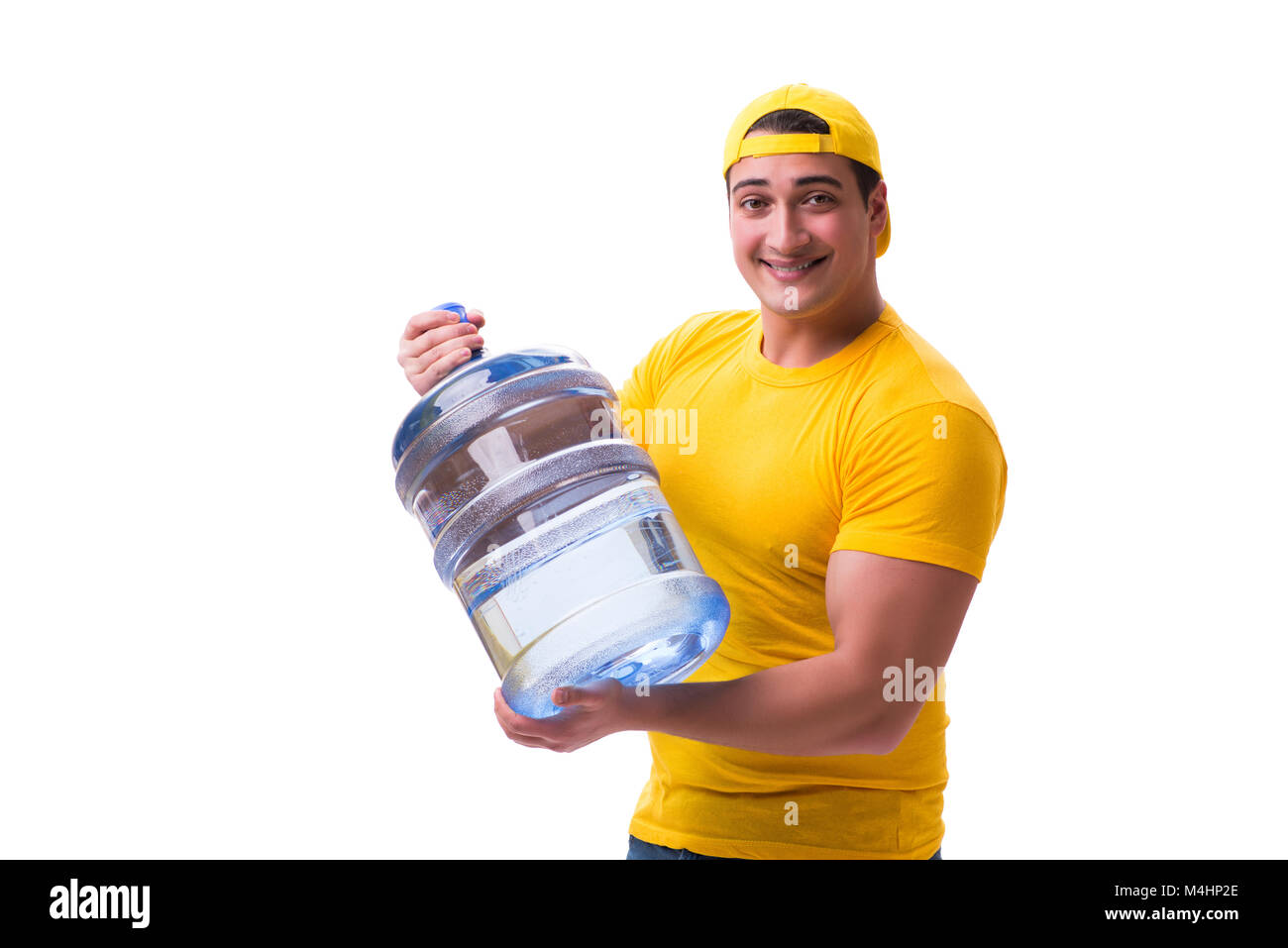 Man delivering water bottle isolated on white Stock Photo - Alamy