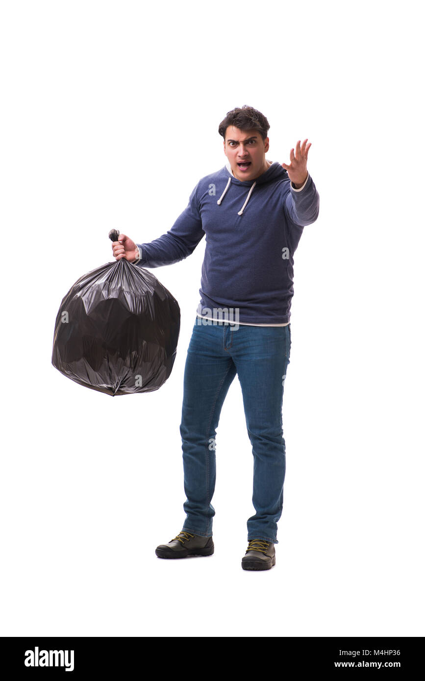 Man with garbage sack isolated on white Stock Photo - Alamy