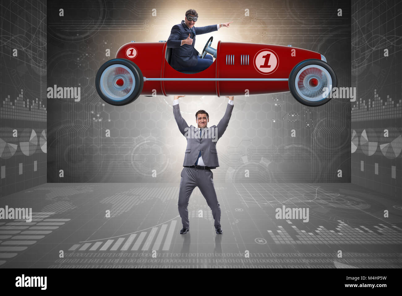 Businessman lifting sports car in power concept Stock Photo - Alamy