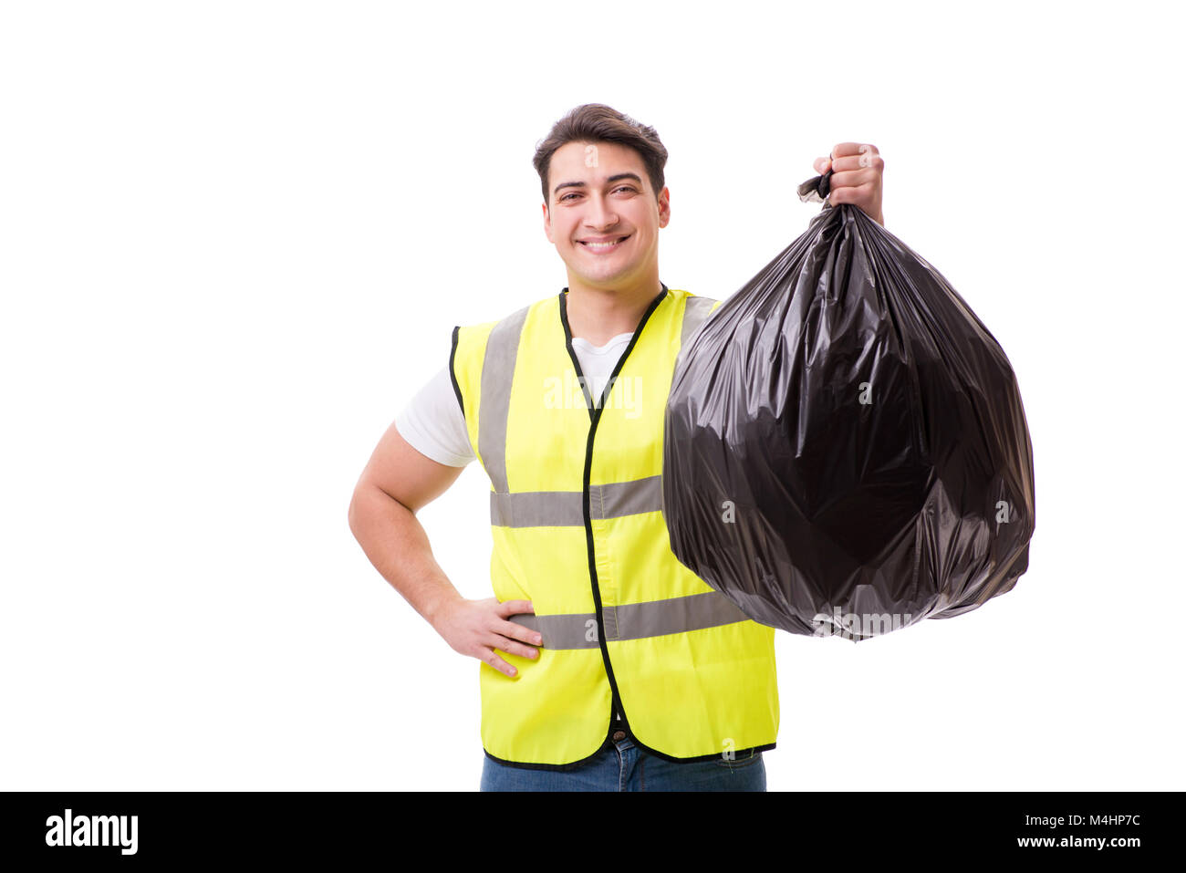 Man with garbage sack isolated on white Stock Photo - Alamy