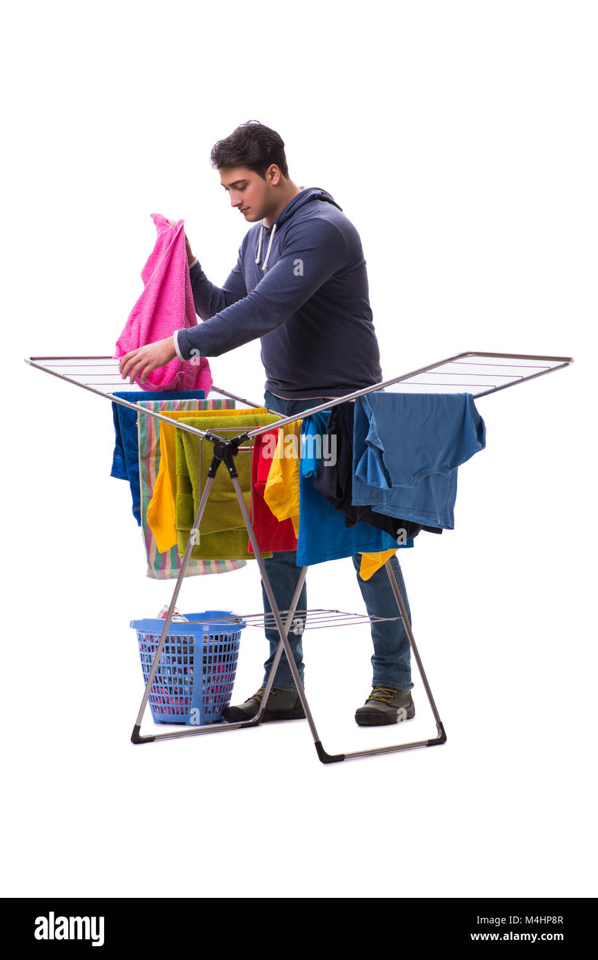 Husband man doing laundry isolated on white Stock Photo - Alamy