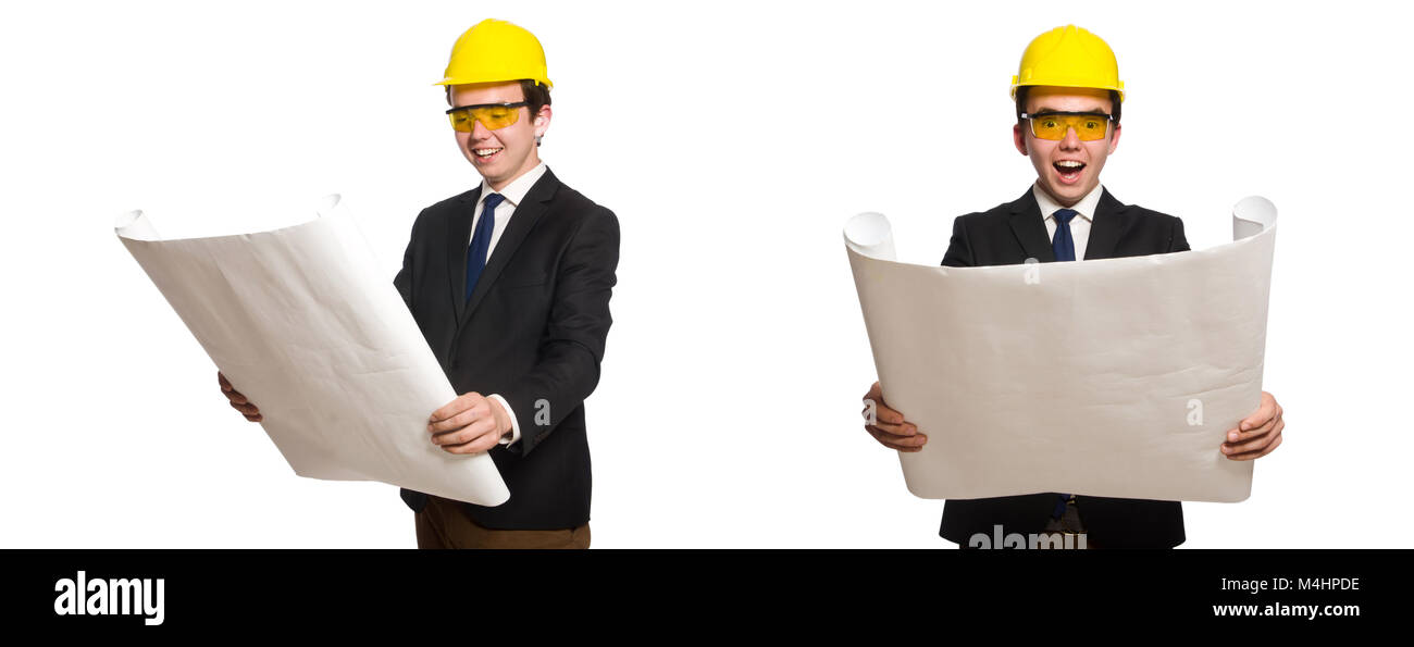 Funny architect with drawings on white Stock Photo - Alamy