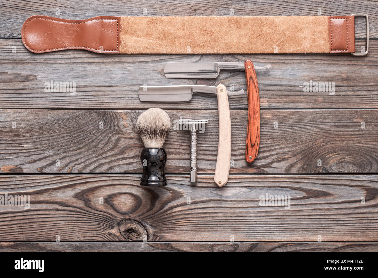 Vintage barber shop tools on wooden background Stock Photo - Alamy