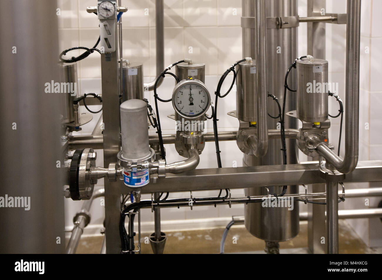 Pressure gauge (manometer) of white metal - brewing equipment. Close-up ...