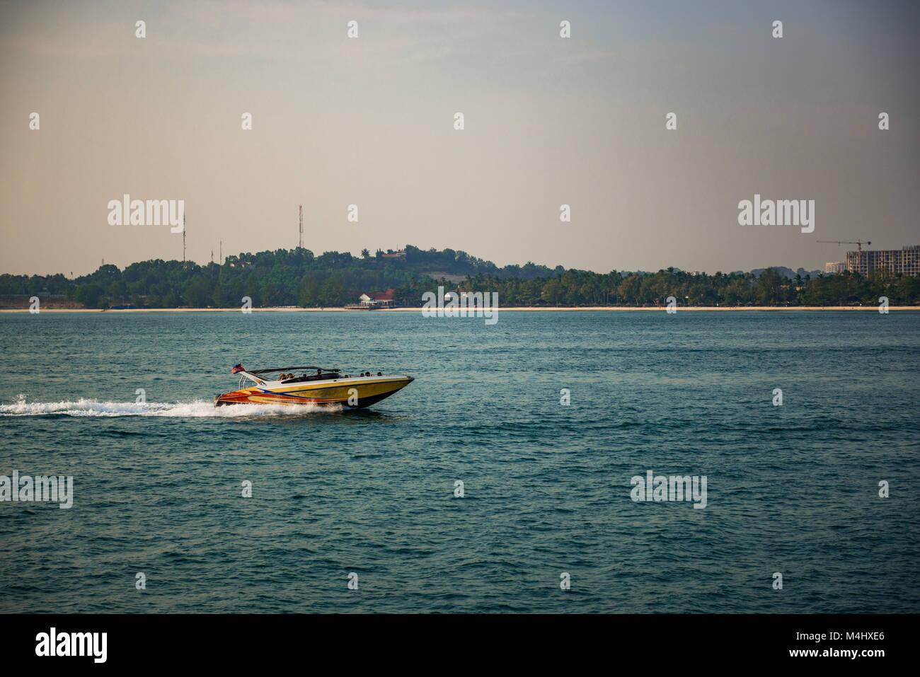 View from inside the sea of a speedboat that passes in front of the ...