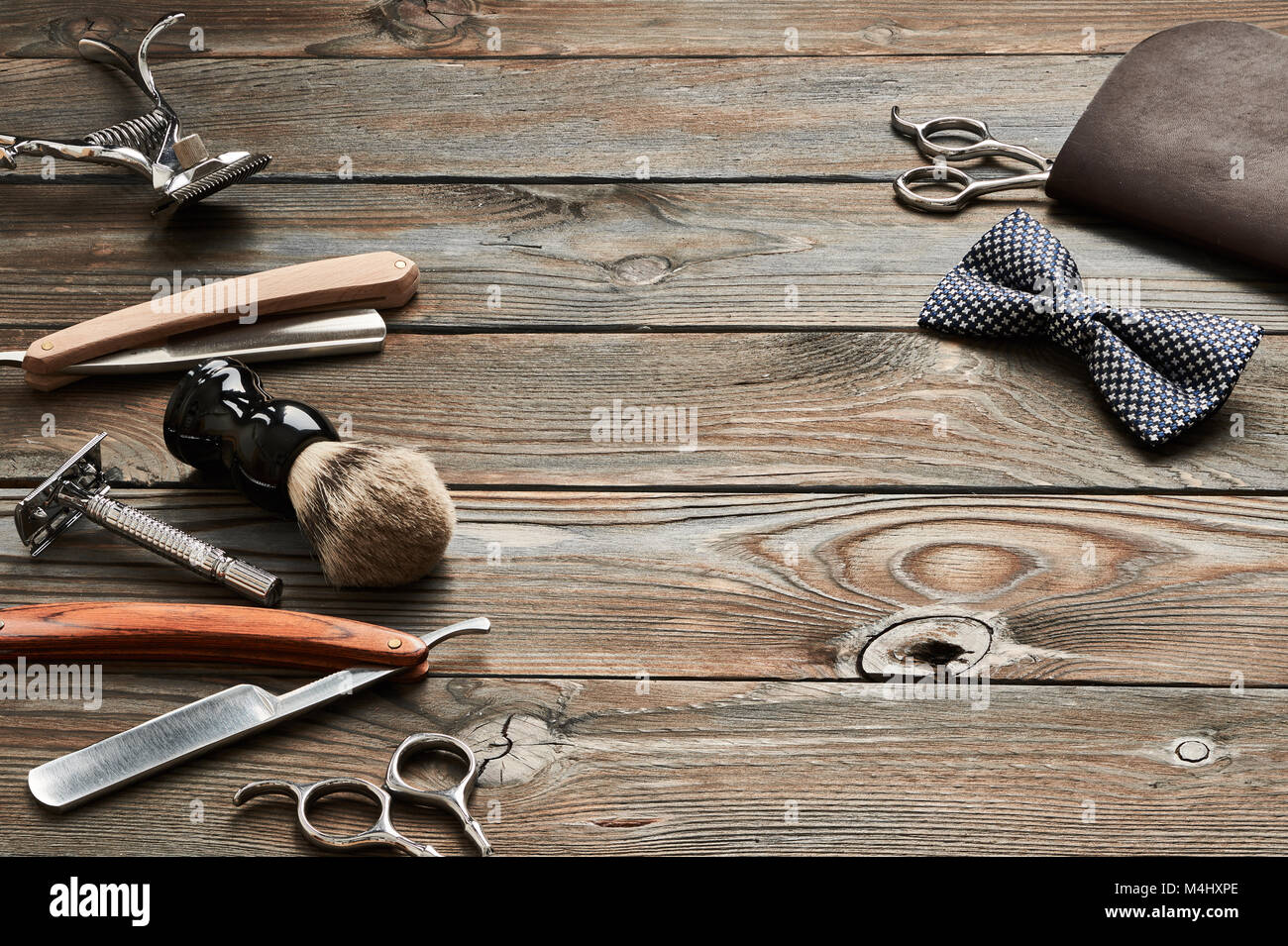 Vintage barber shop tools on wooden background Stock Photo - Alamy
