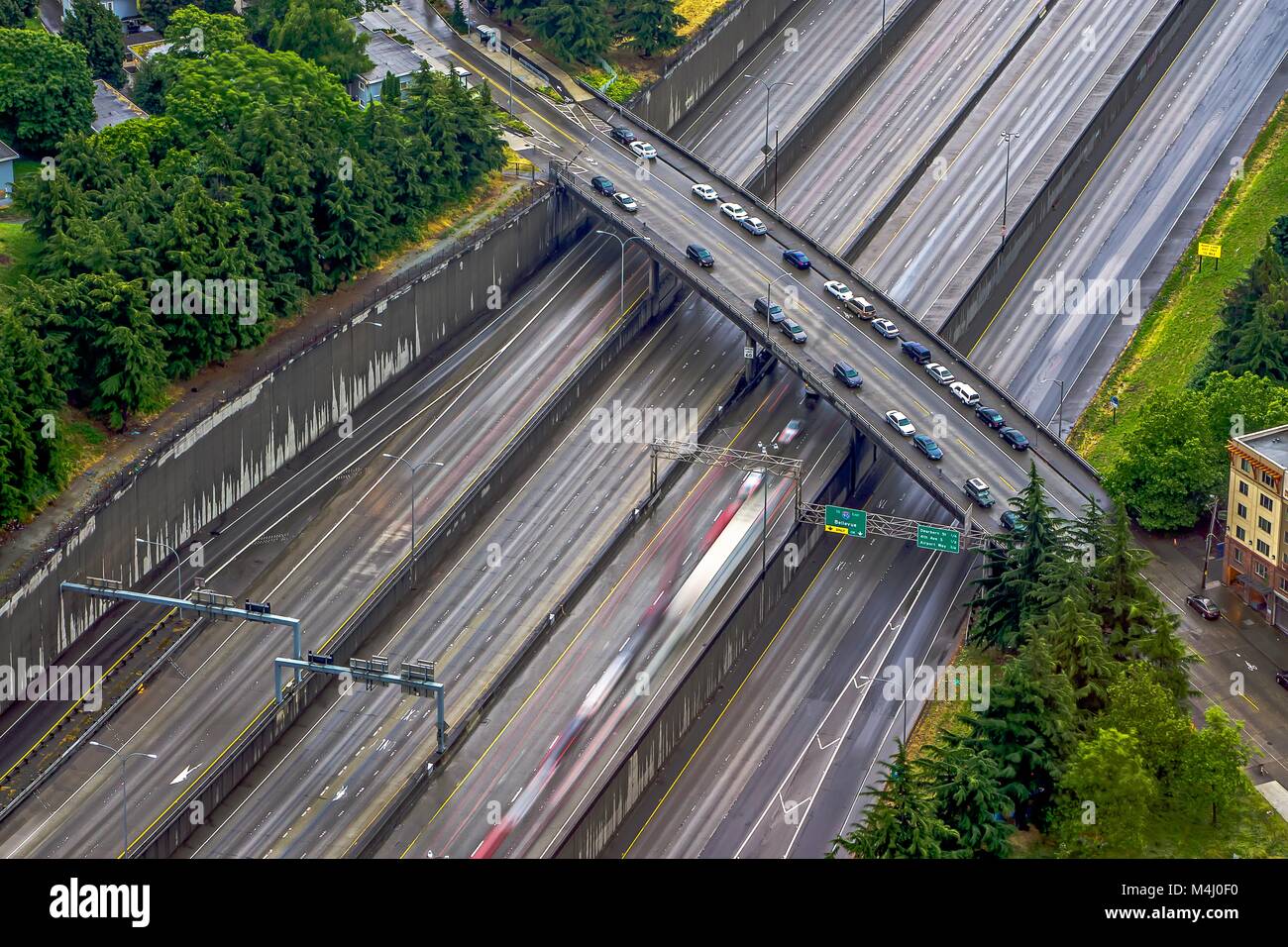 aerial of commute traffic and bridge crossing Stock Photo - Alamy