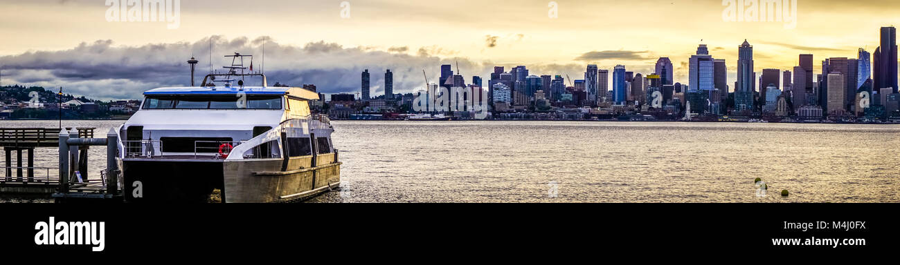seattle city skyline early morning with watercraft in foreground Stock ...