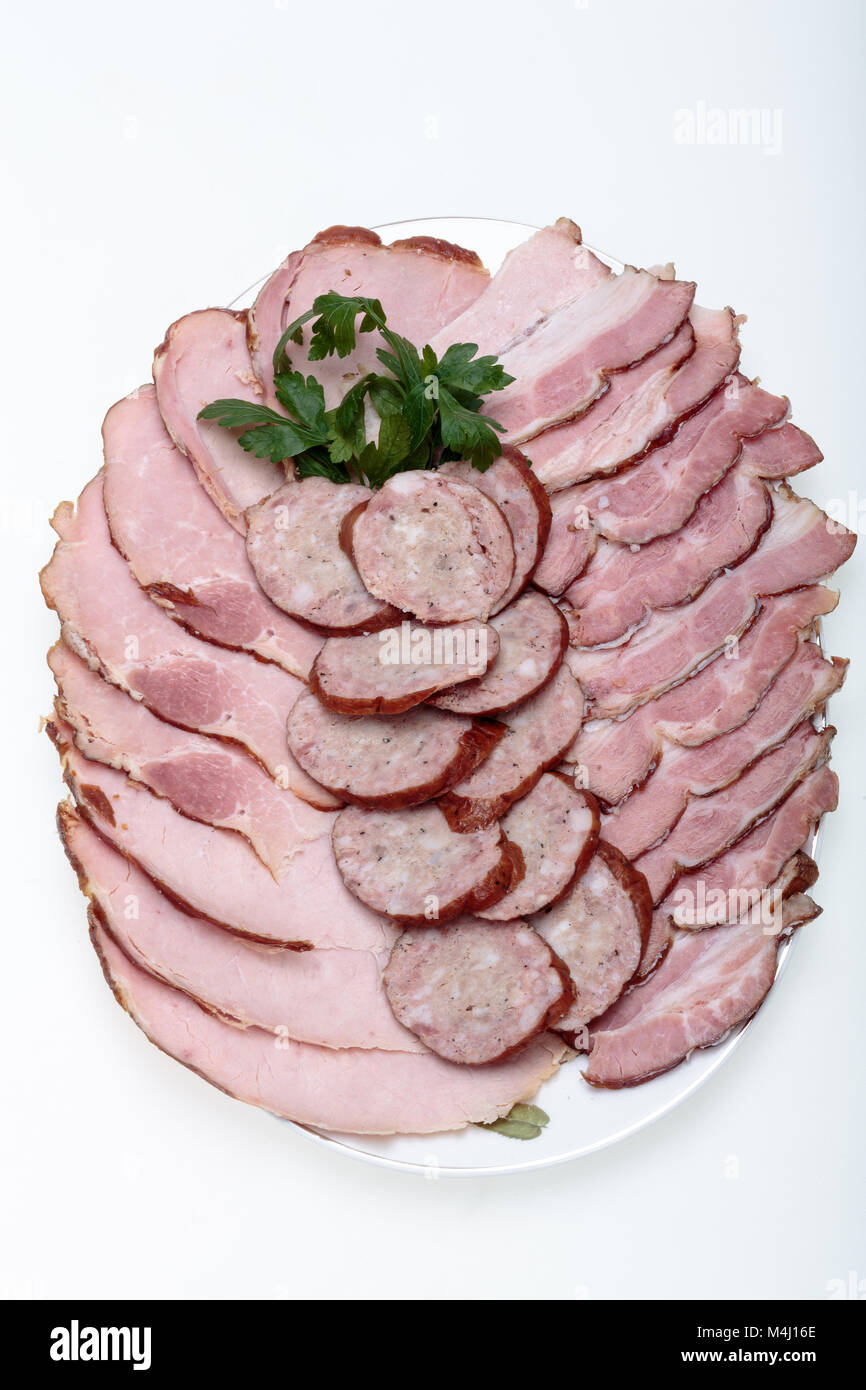 Plate of smoked meat isolated on white background Stock Photo - Alamy