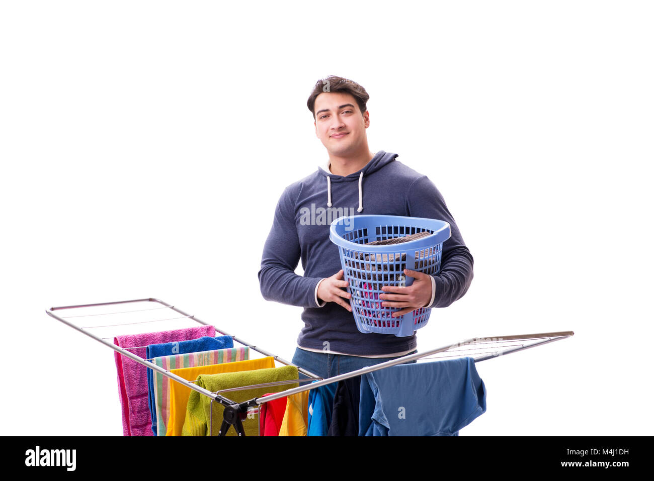 Husband man doing laundry isolated on white Stock Photo - Alamy