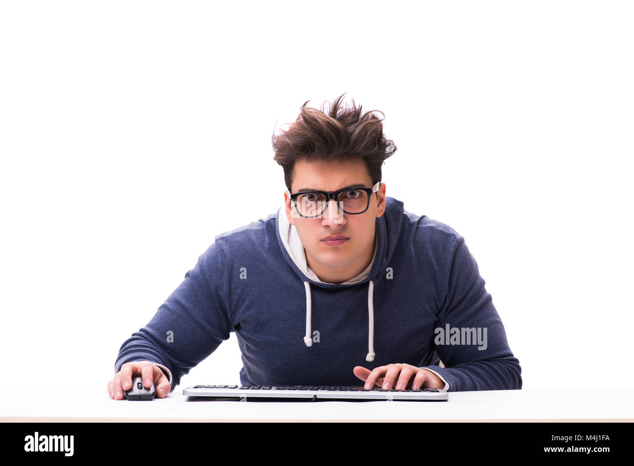 Funny nerd man working on computer isolated on white Stock Photo - Alamy