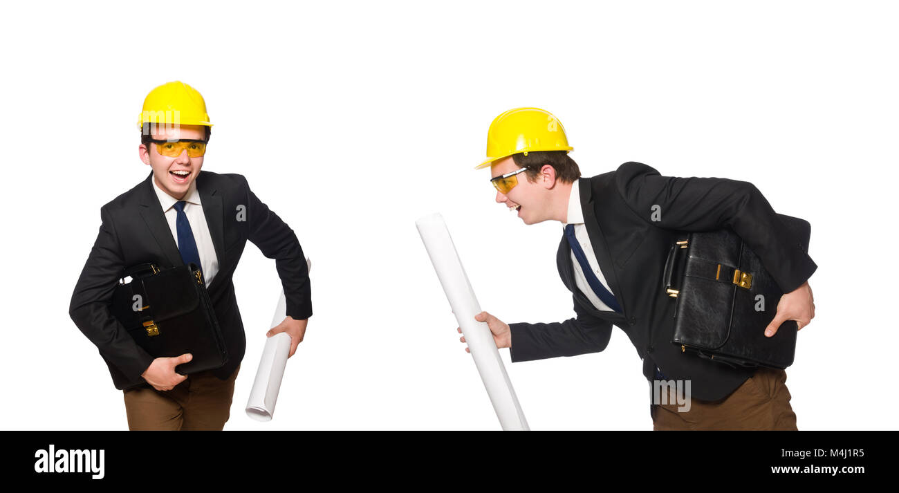 Funny architect with drawings on white Stock Photo - Alamy