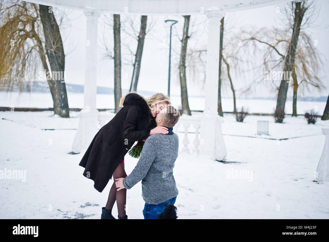 Married proposal with 101 rose at winter day. Loving couple Stock Photo ...