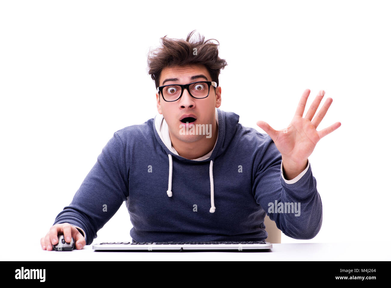 Funny nerd man working on computer isolated on white Stock Photo - Alamy