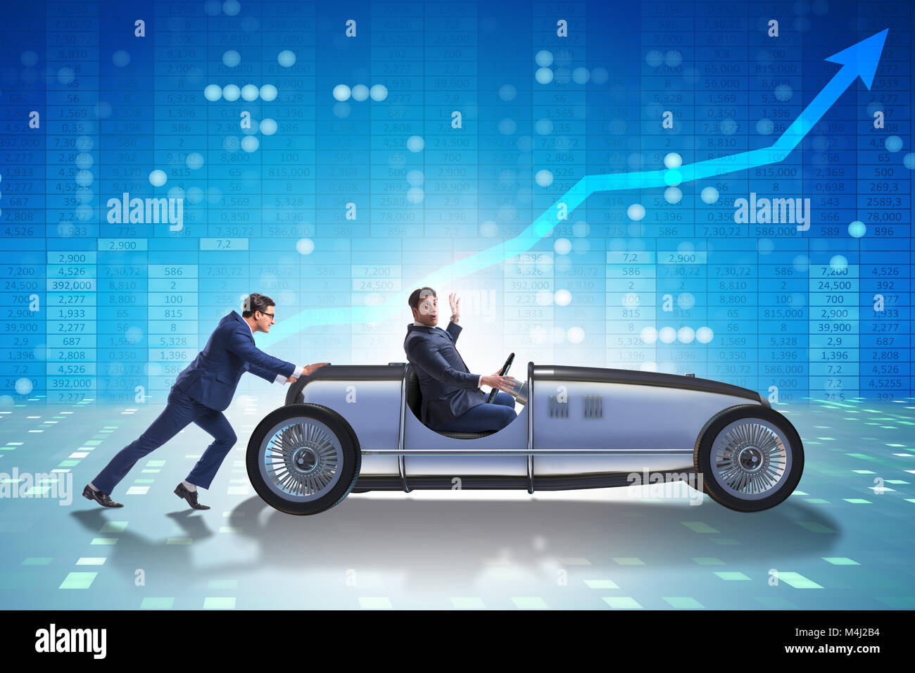 Businessman car pushing in teamwork concept Stock Photo - Alamy