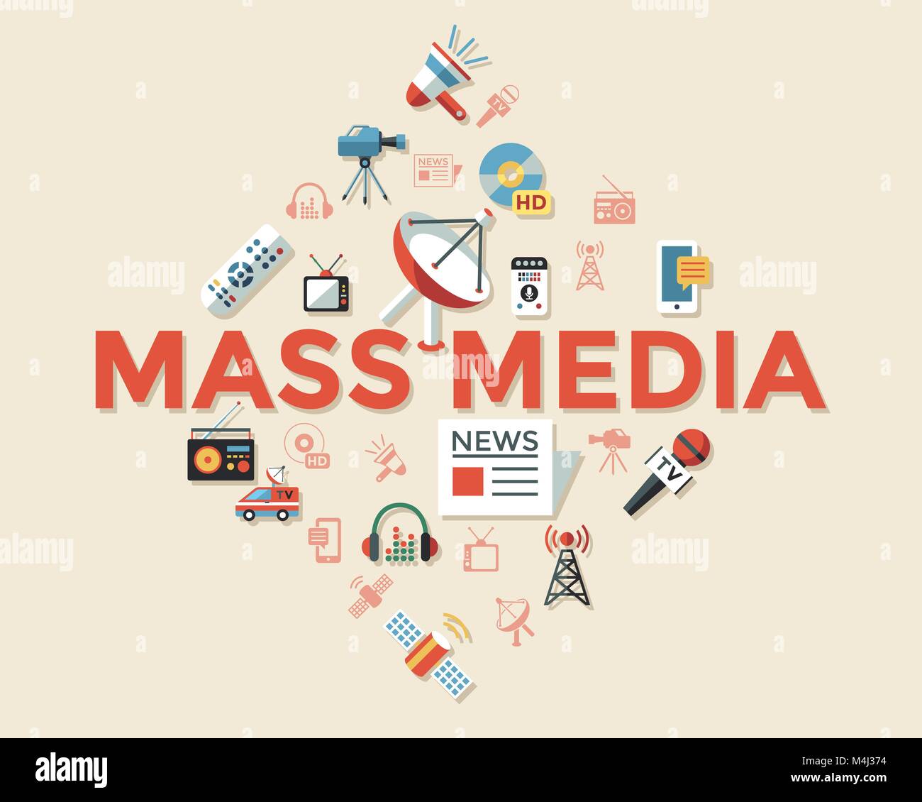 Digital mass media objects color simple flat icon set collection ...