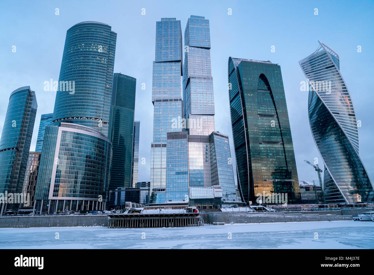 Complex of skyscrapers of Moscow City business center in winter. Russia ...