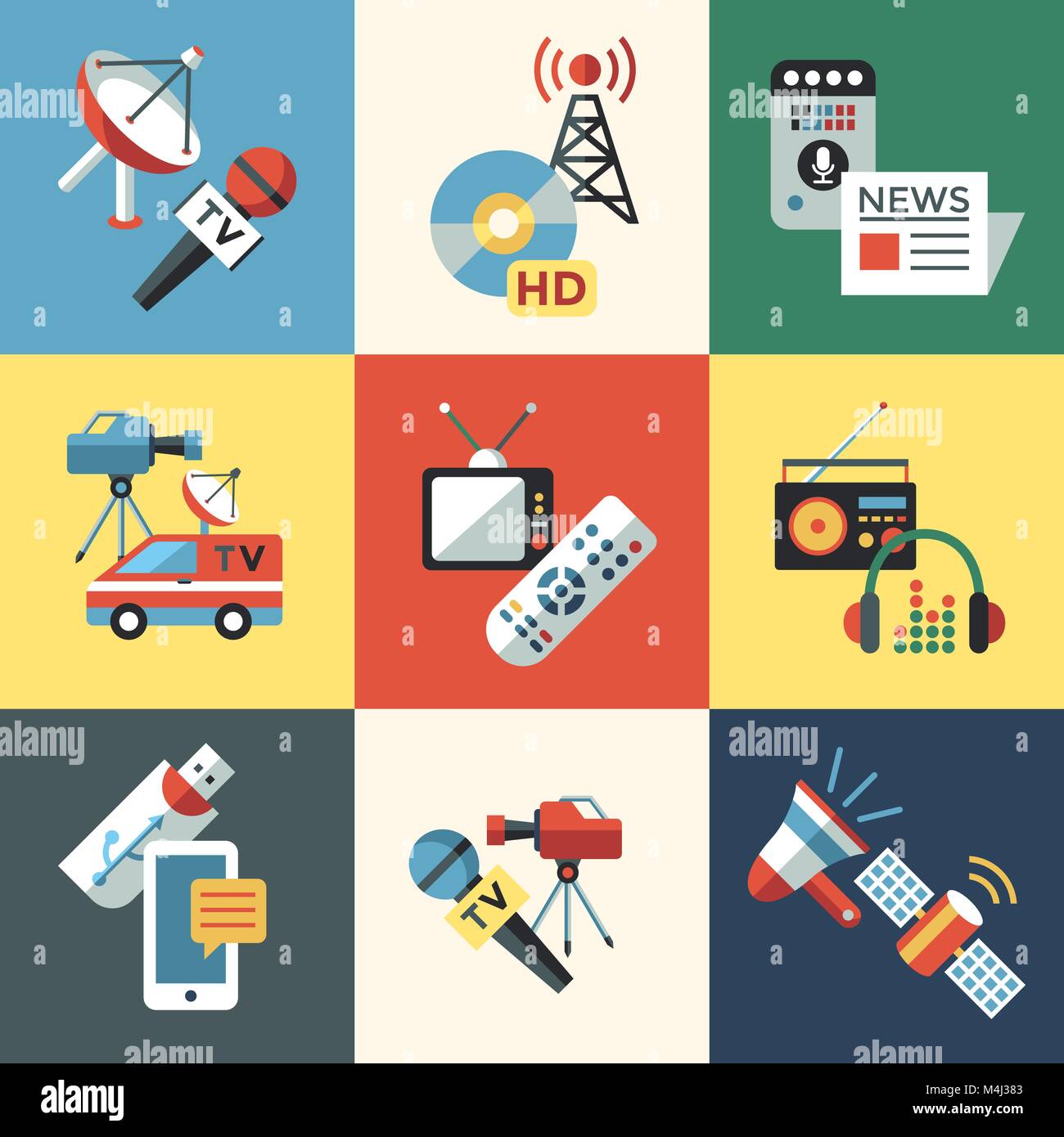 Digital mass media objects color simple flat icon set collection ...