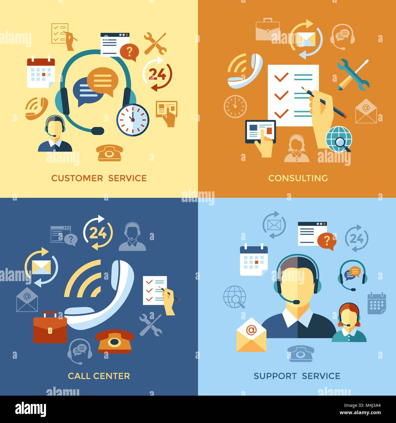 Digital call center and customer support objects color simple flat icon ...