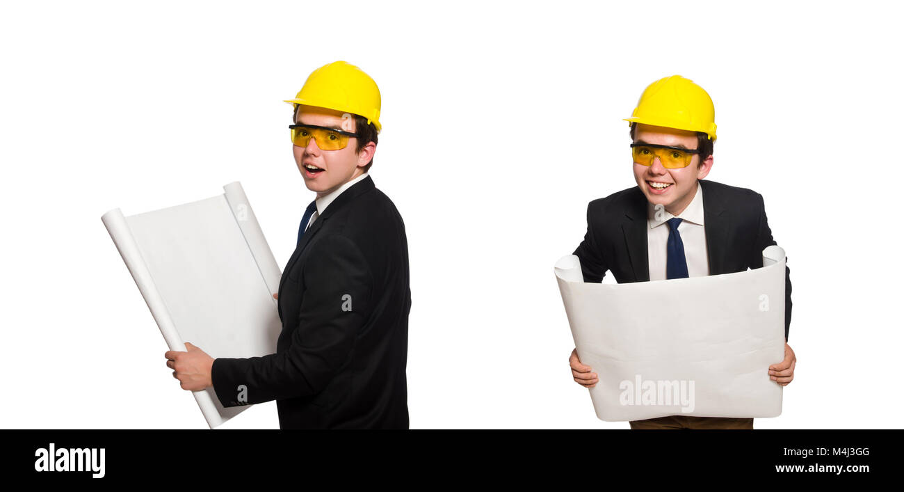 Funny architect with drawings on white Stock Photo - Alamy