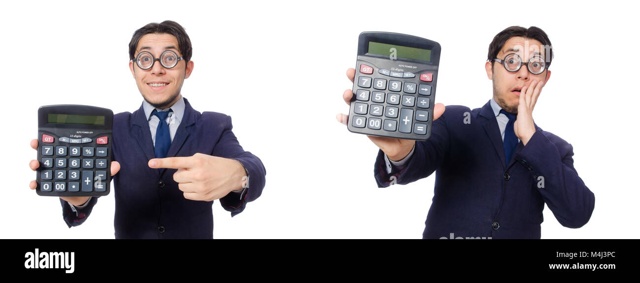 Funny man with calculator isolated on white Stock Photo - Alamy