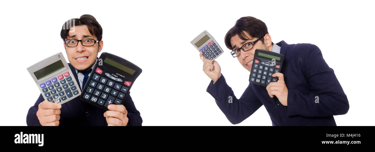 Funny man with calculator isolated on white Stock Photo - Alamy