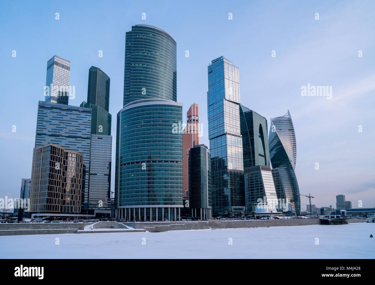 Complex of skyscrapers of Moscow City business center in winter. Russia ...