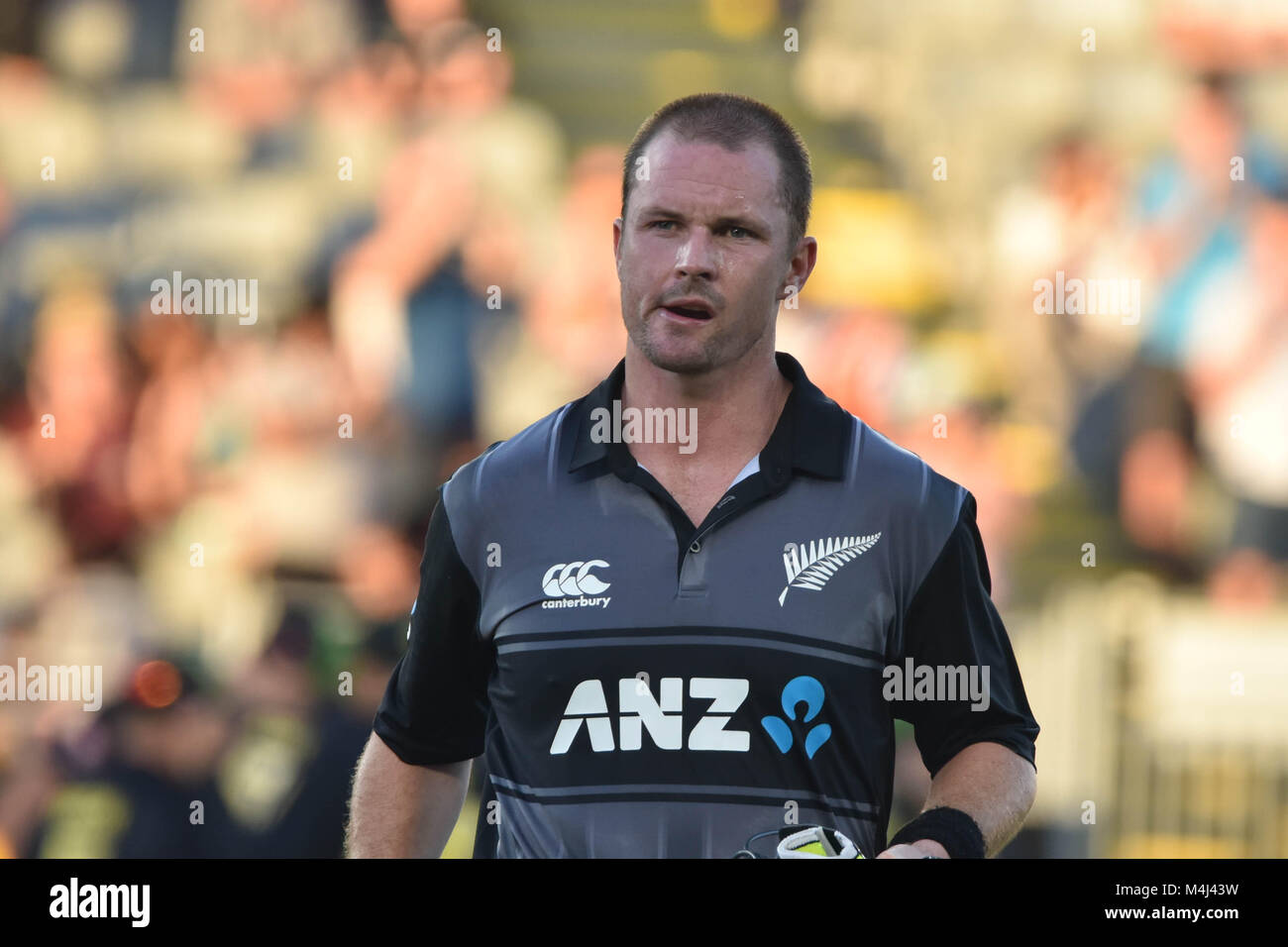 Auckland, New Zealand. 16th Feb, 2018. Colin Munro of New Zealand heads ...
