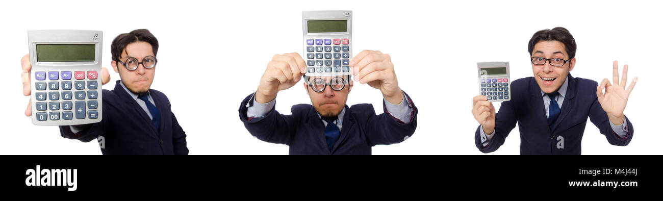 Funny man with calculator isolated on white Stock Photo - Alamy