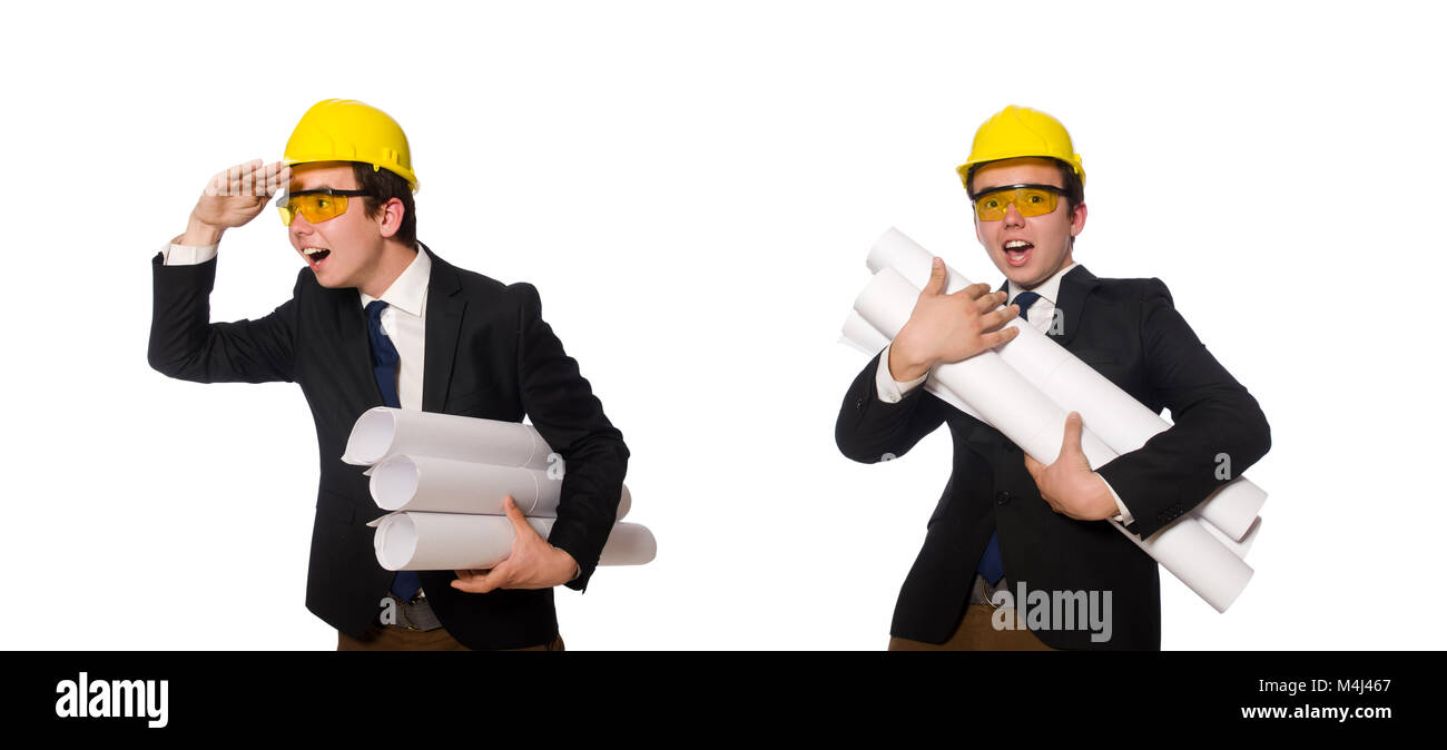 Funny architect with drawings on white Stock Photo - Alamy