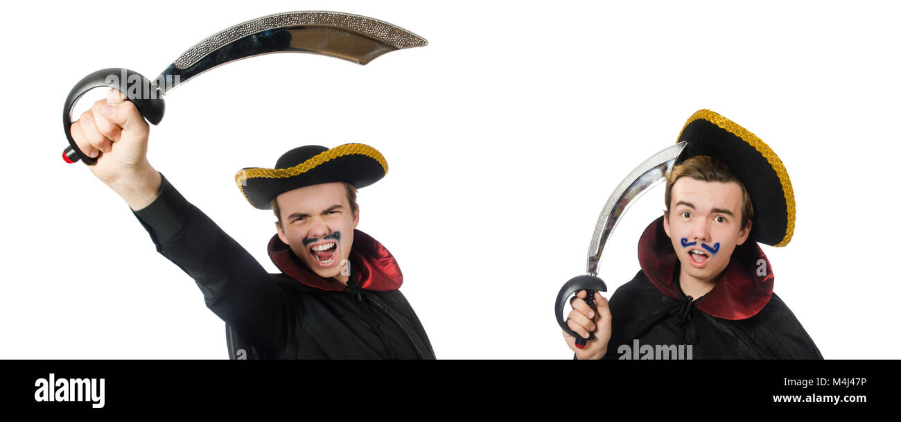 Young pirate holding sword isolated on white Stock Photo - Alamy